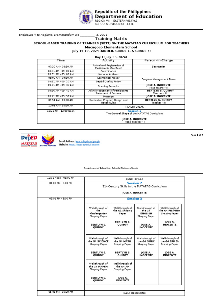 SBTT Training Matrix for MATATAG Curriculum | PDF | Pedagogy | Intelligence