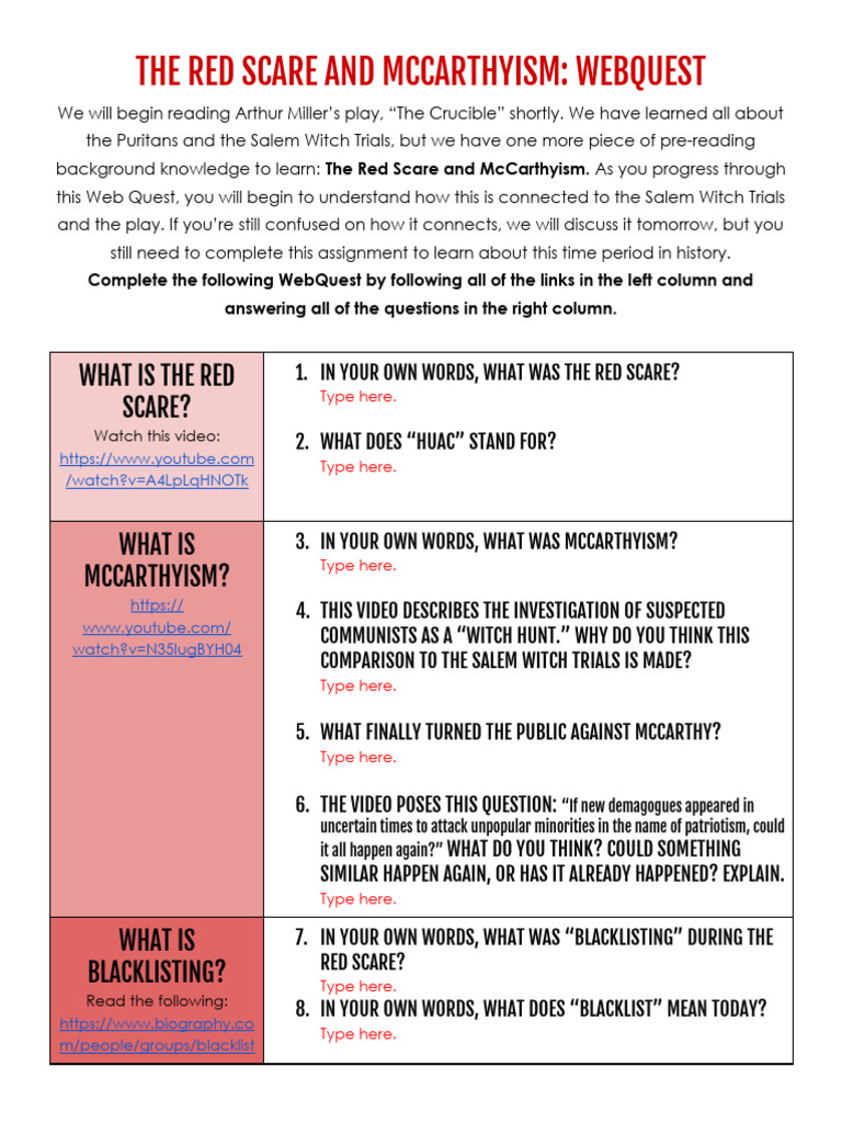 2a - The Red Scare & McCarthyism WebQuest (Pre-Reading For "The ...