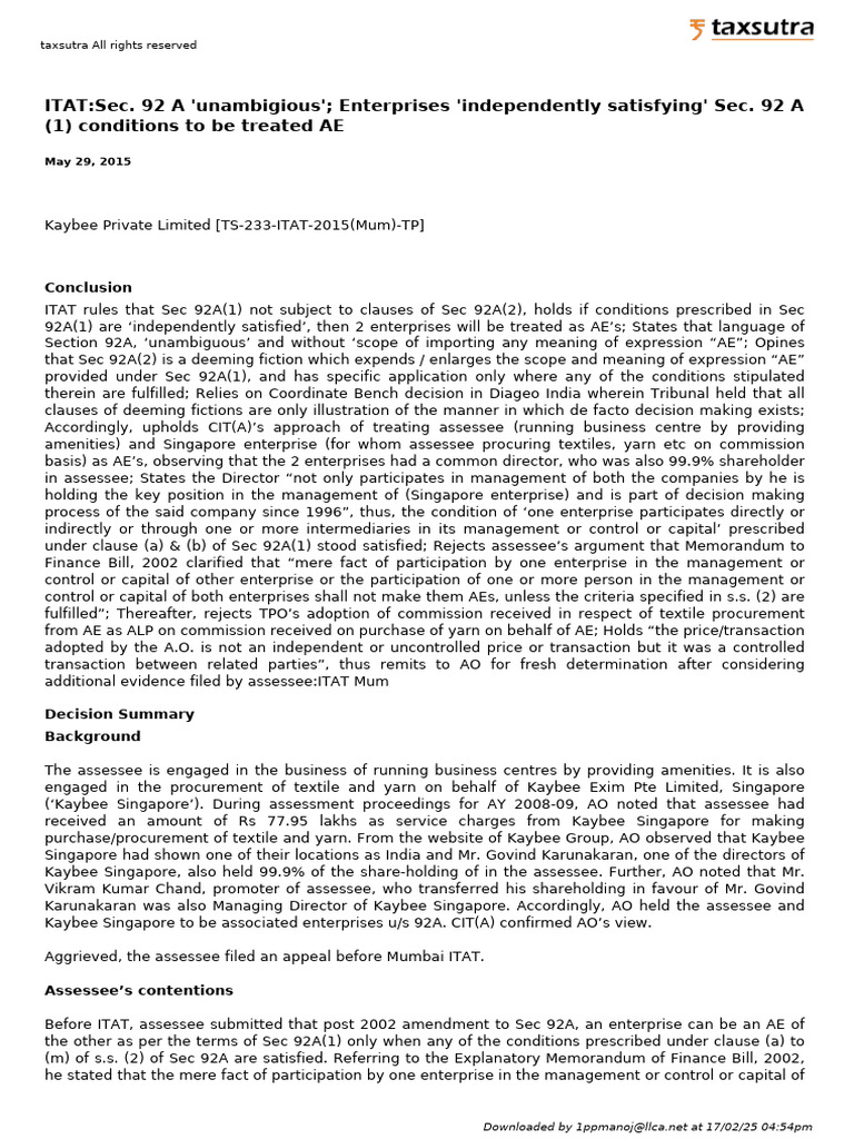 ITAT Ruling on Associated Enterprises under Sec 92A | PDF | Taxes