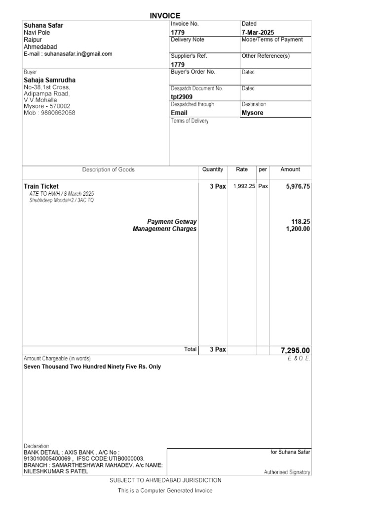 Invoice for Train Ticket Purchase | PDF
