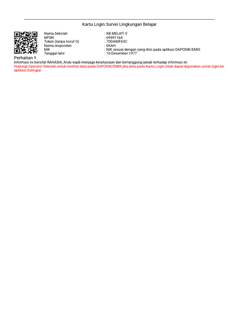 Kartu_Login_Satuan_EKAH_KB MELATI V | PDF