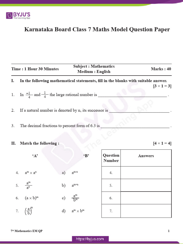 Class 7 Maths Model Question Paper 2023 | PDF | Area | Numbers