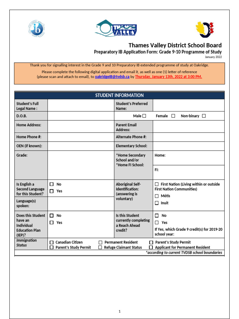 Preparatory IB Applicaiton For Grades 9 and 10 | PDF