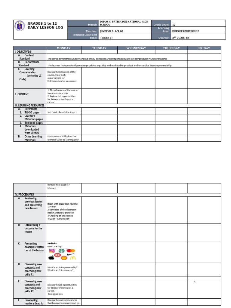 DLL Week 1 Entrep Layout3 DLL | PDF | Entrepreneurship | Learning