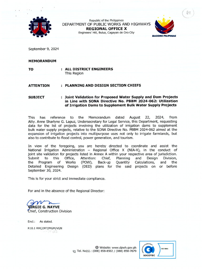 24-9-14 CO All District Engineers Attn PDSChiefs - Joint Validation For Proposed Water Supply ...