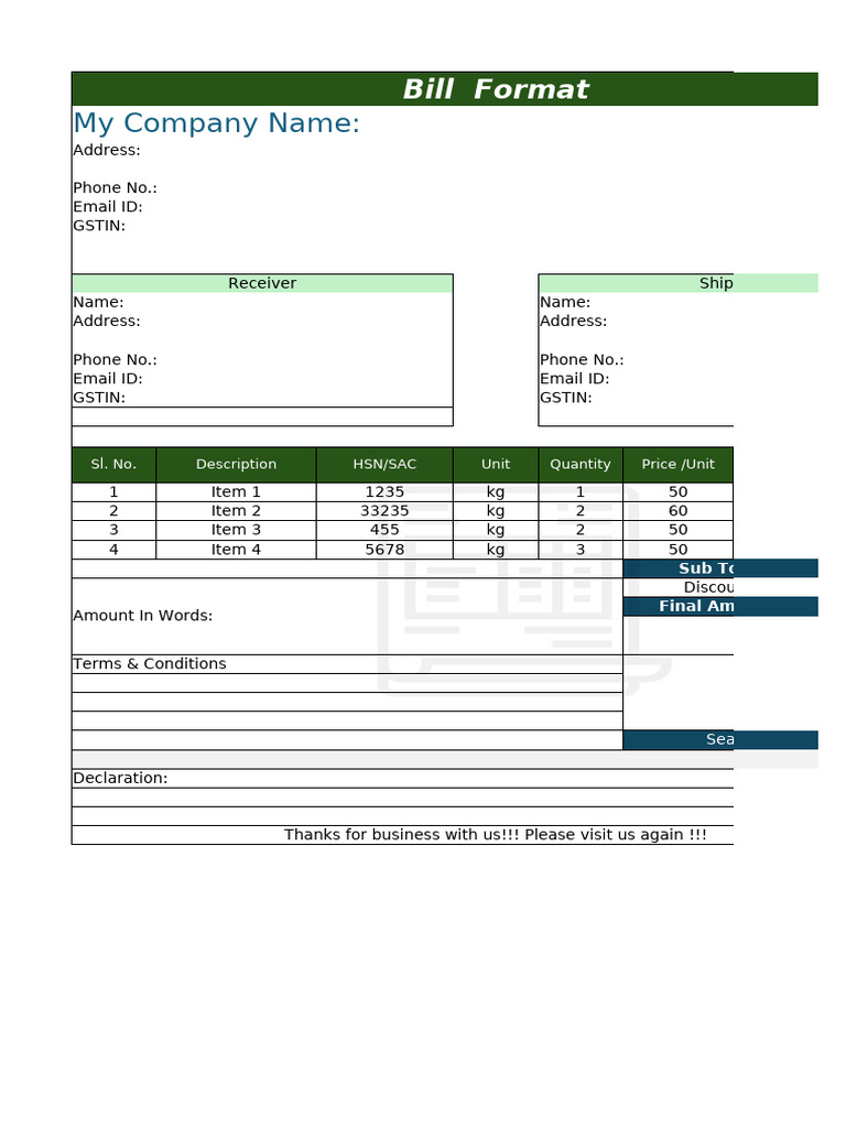 Standard Bill Format Template | PDF