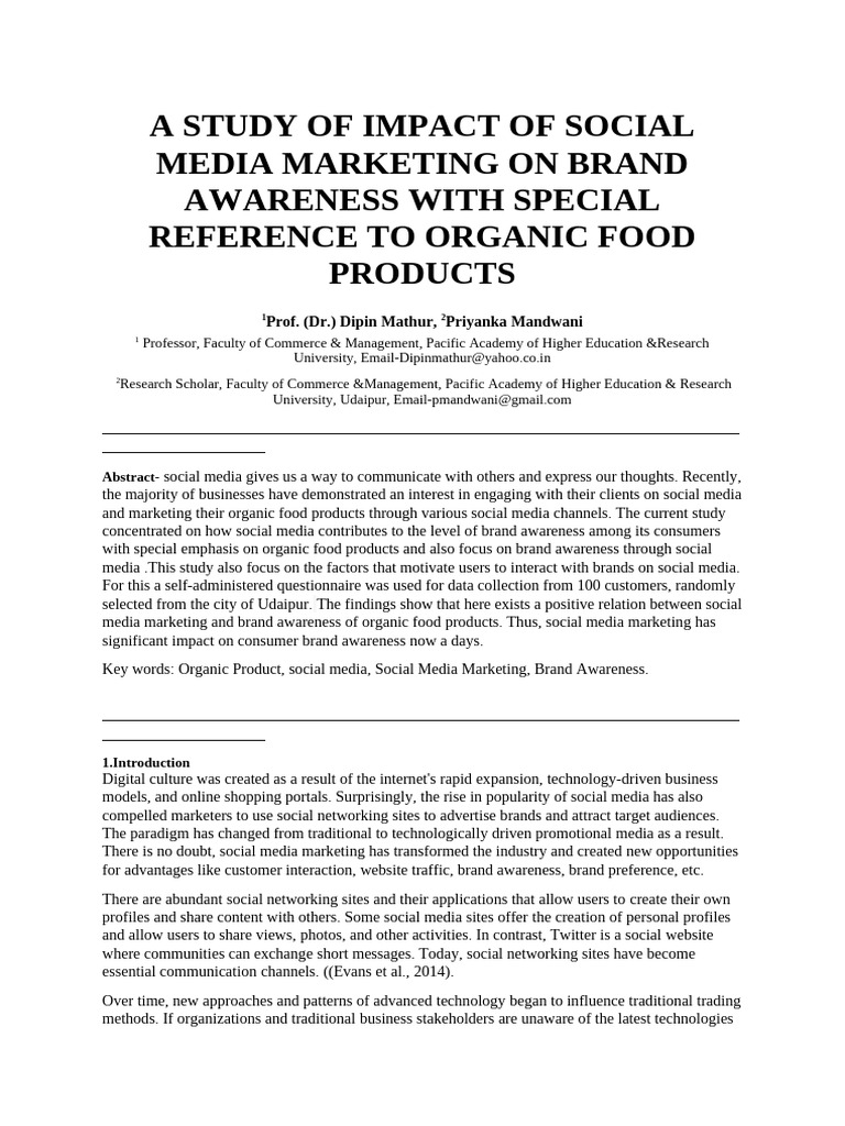 A Study of Impact of Social Media Marketing On Brand Awareness With ...