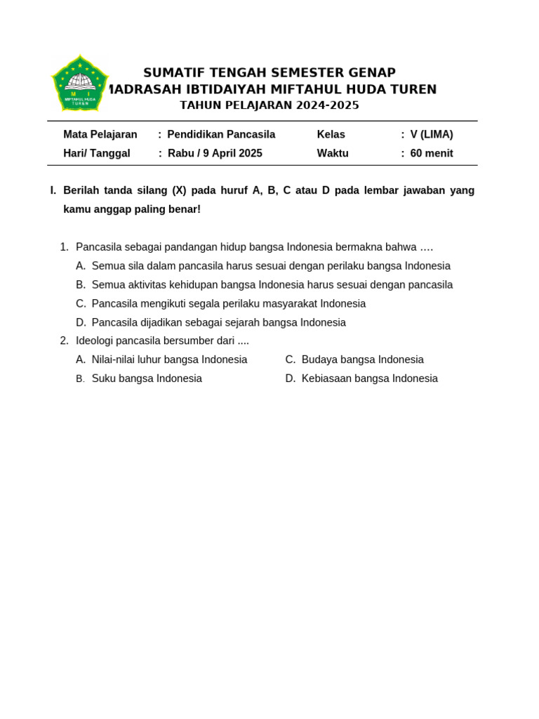 Contoh Penulisan Soal Dan Kop KLS 1 - 5 | PDF