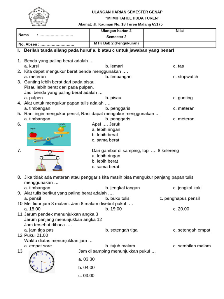 Uh MTK Bab 2 (Pengukuran) Sem 2 | PDF