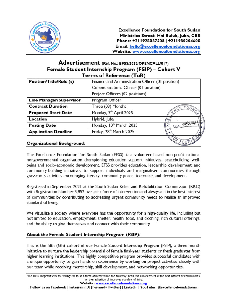 Female Student Internship Program Cohort V Advertisement March 2025 ...