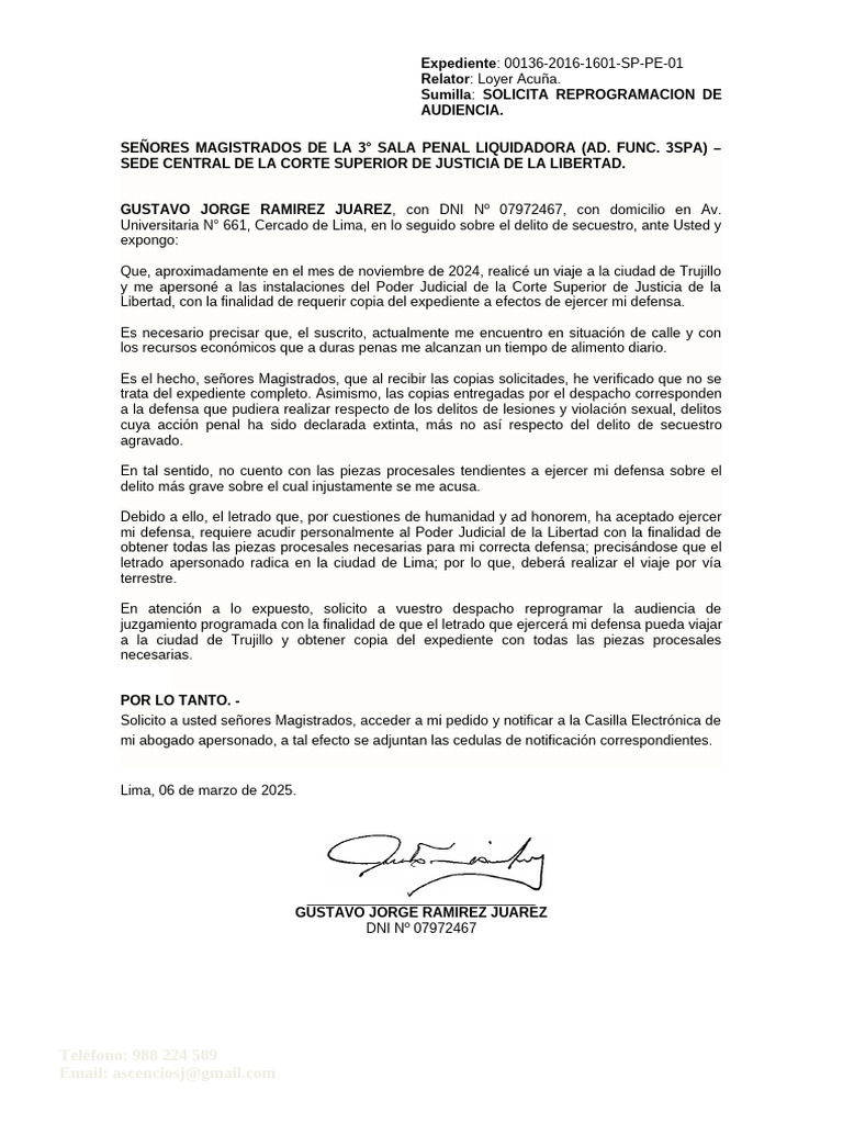 Escrito Solicito Reprogramacion Audiencia | PDF | Justicia | Crimen y violencia