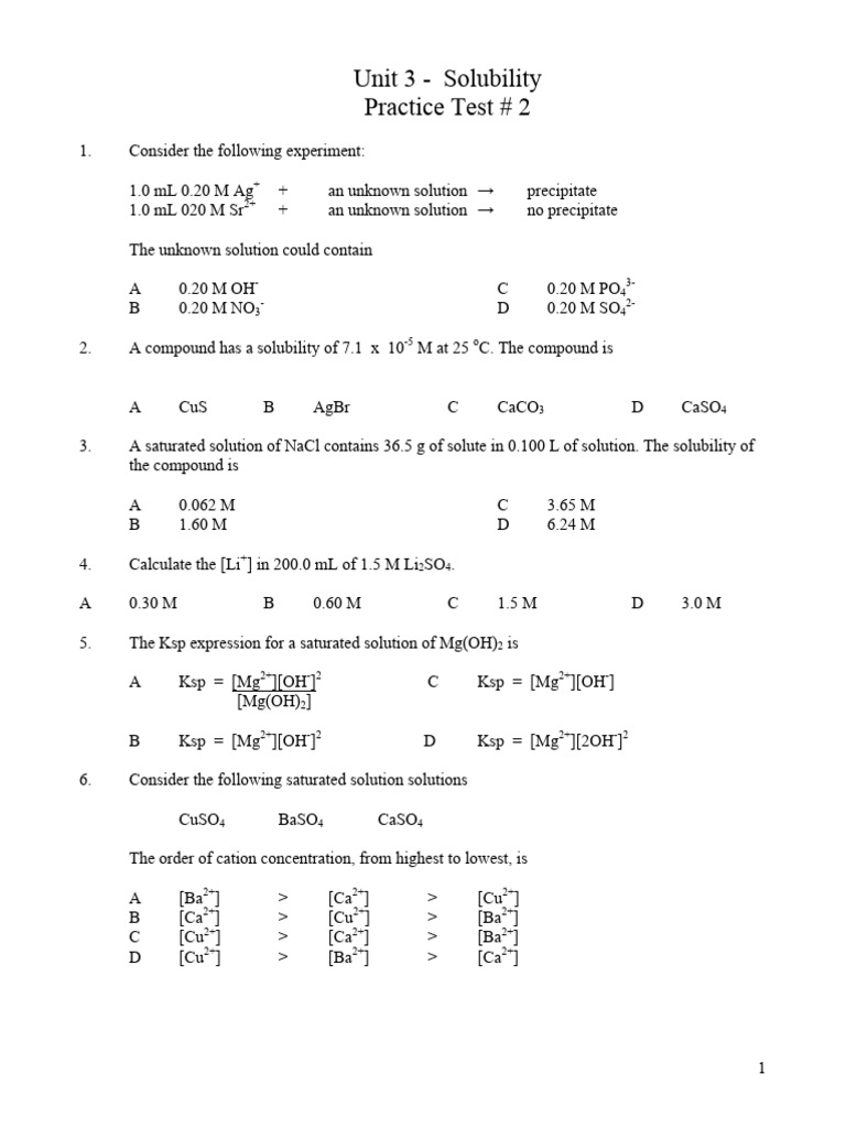 Solubility Practice Test 2 | PDF | Solubility | Chemical Compounds
