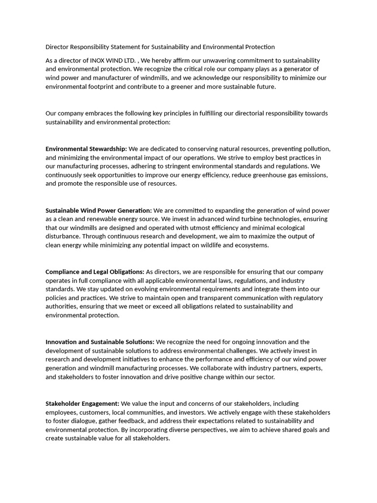 Director Responsibility Statement For Sustainability and Environmental ...