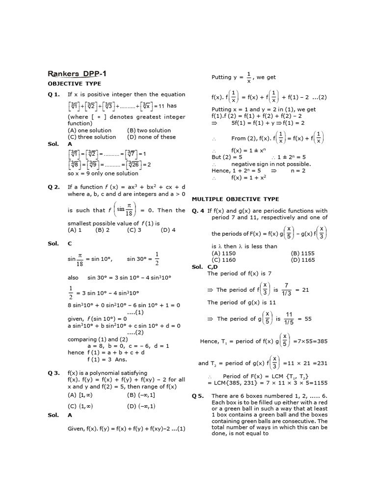 Mathematics Rankers DPP Solution PDF | PDF | Function (Mathematics) | Mathematical Analysis