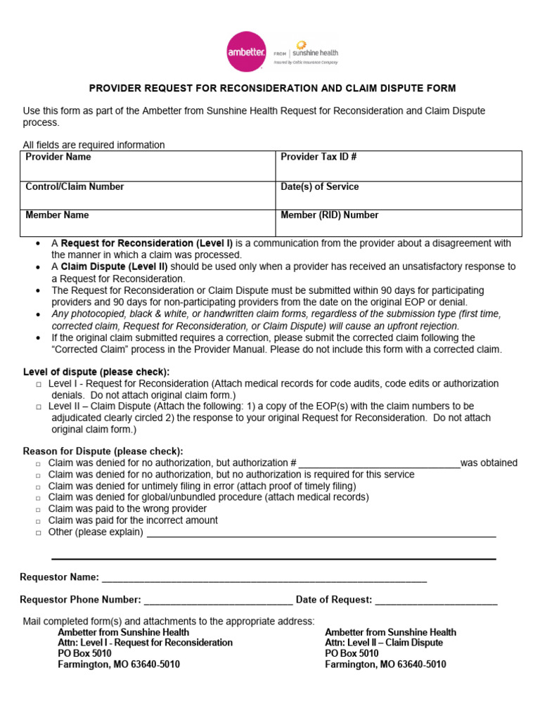 Ambetter Claim Dispute & Reconsideration Form | PDF
