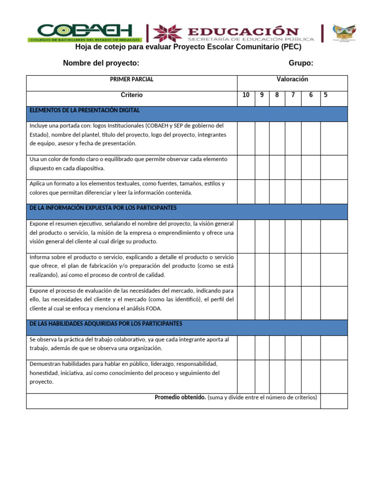 Cotejo para Proyecto Escolar Comunitario | PDF