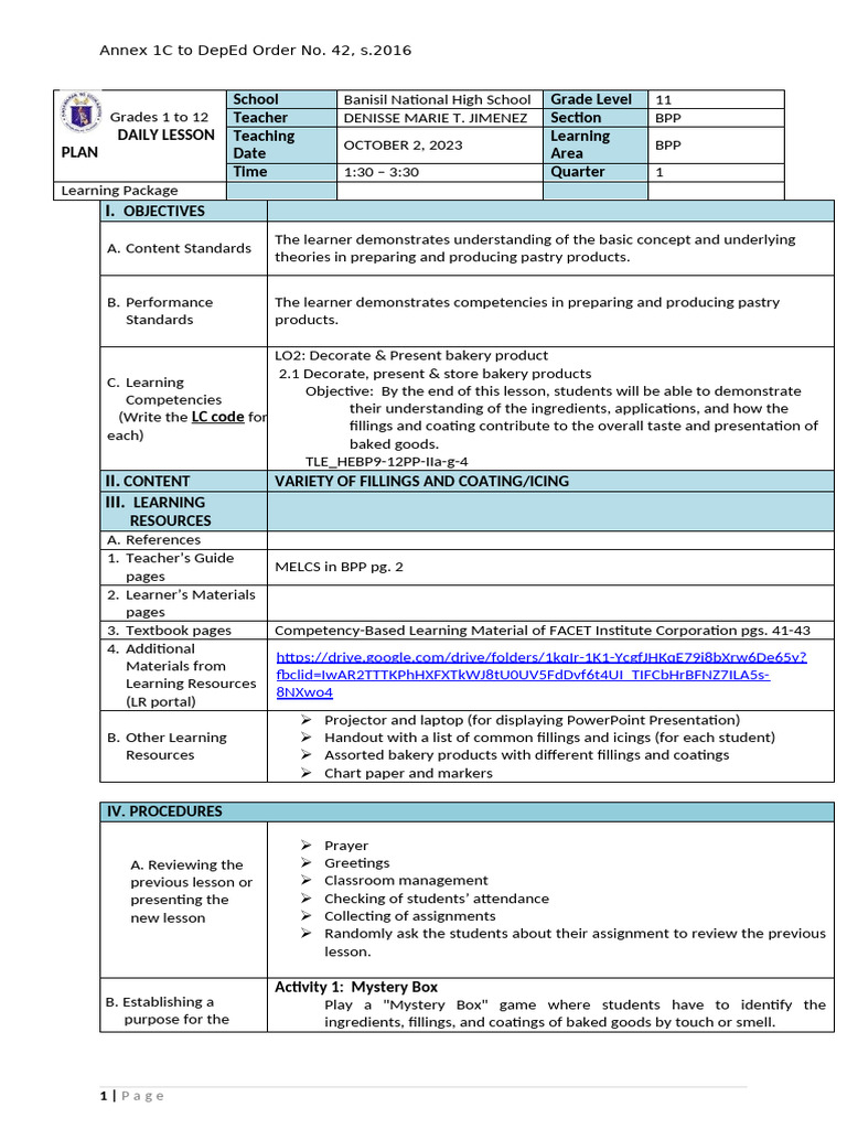 October 2 2023 BPP Sample DLP | PDF | Icing (Food) | Fruit Preserves
