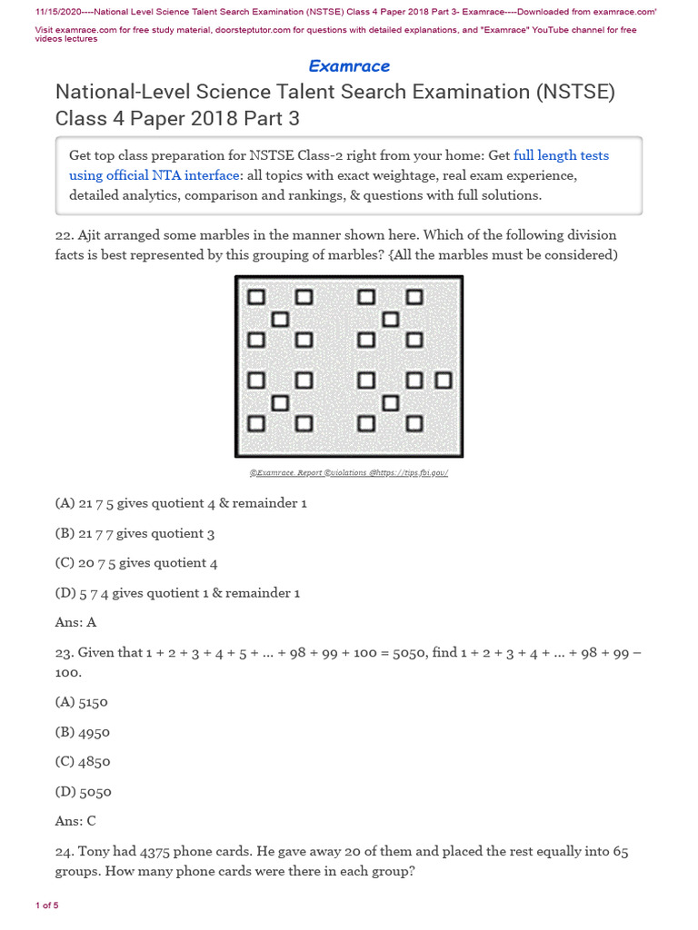 NSTSE Class 4 Paper 2018 Part 3 | PDF | Tooth