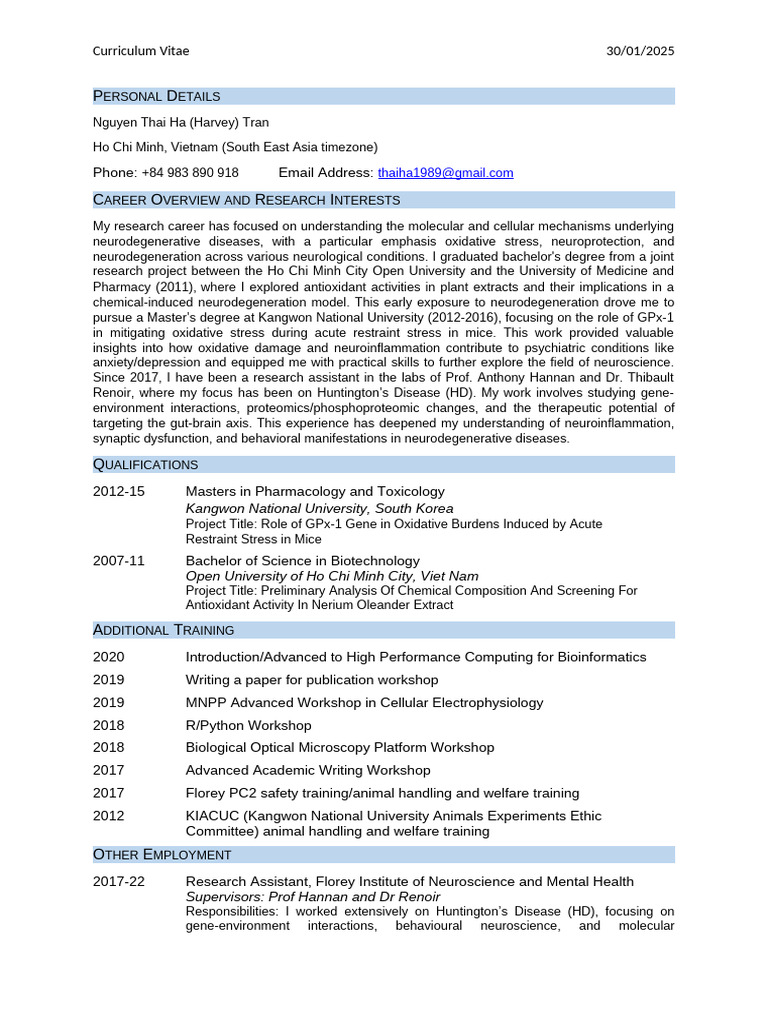 Harvey Tran: Neuroscience CV Overview | PDF | Proteomics | Neuroscience