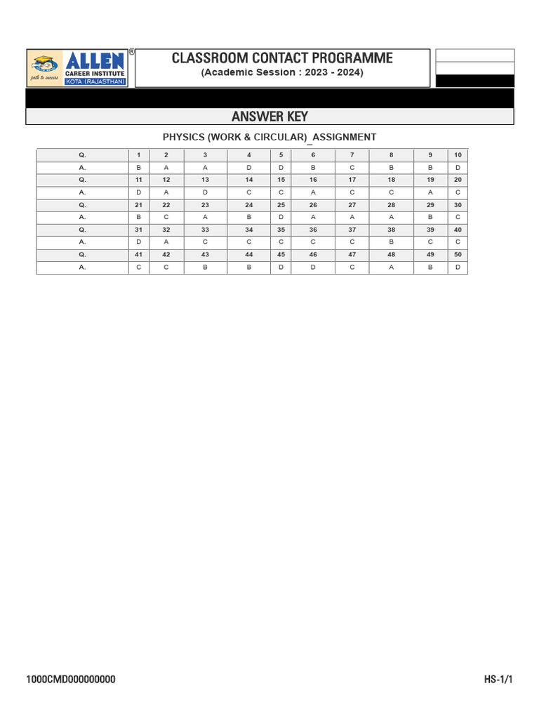 Physics - (Work & Circular) - Assignment - Answer Keys | PDF