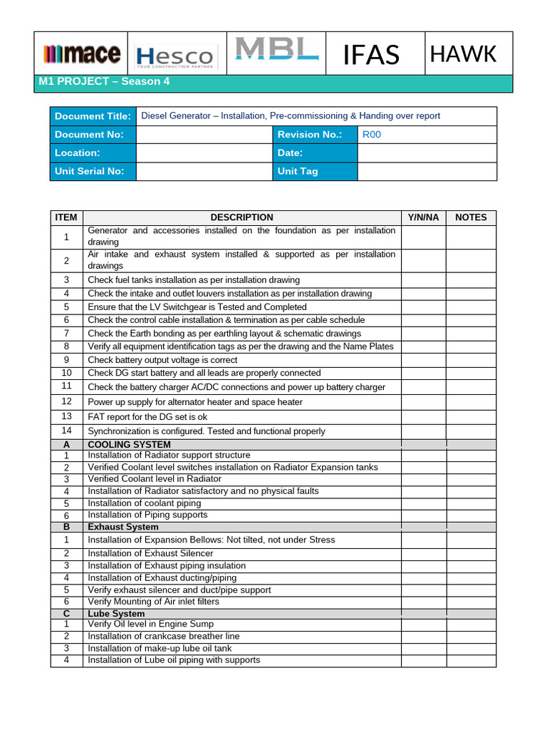 Diesel Generator - Installation & Handing Over Checklist | PDF ...