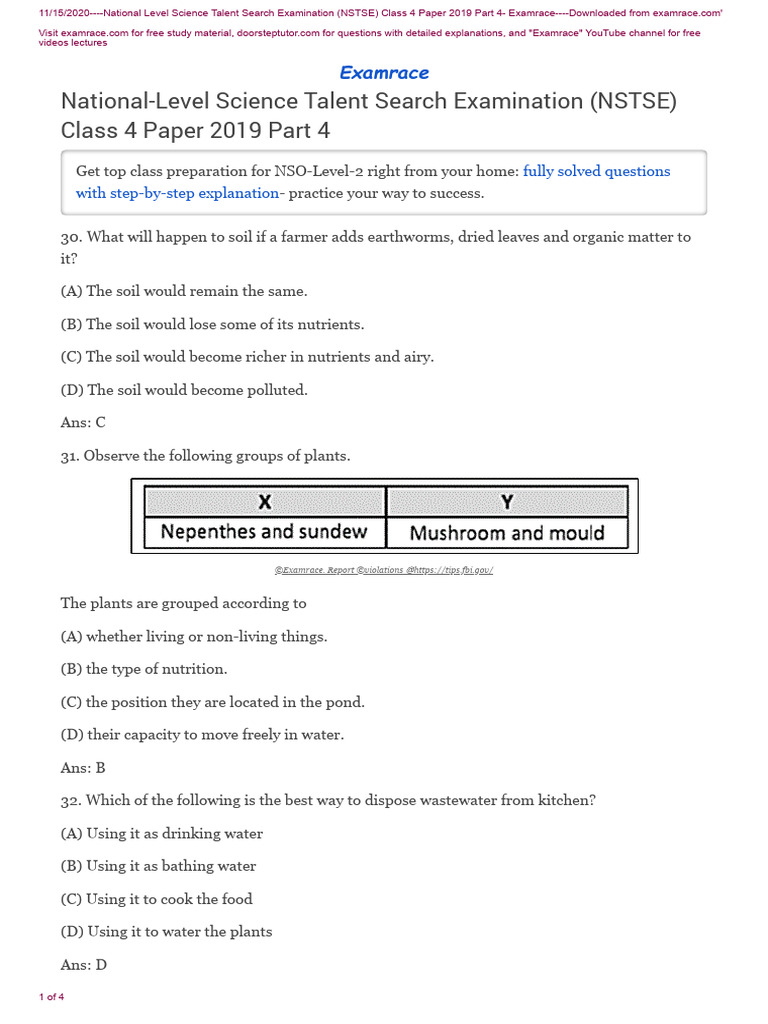 NSTSE Class 4 Paper 2019 Part 4 | PDF | Soil | Agriculture