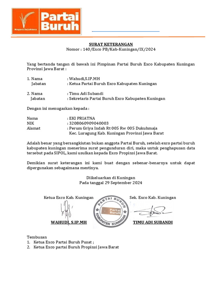 Surat Keterangan Pengunduran Diri Partai Buruh Kuningan | PDF