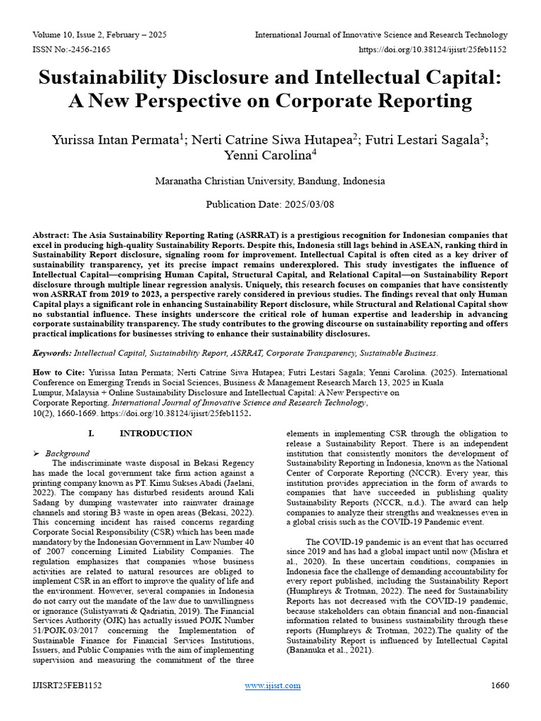 Sustainability Disclosure and Intellectual Capital: A New Perspective On Corporate Reporting ...