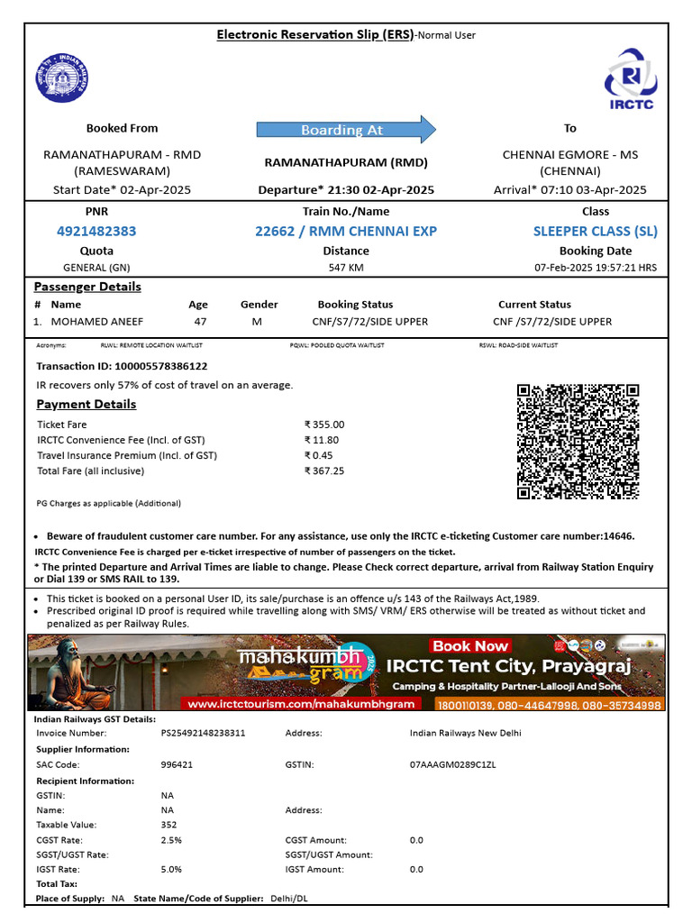 Aneef Ramzan Return Ticket | PDF | Identity Document | Payments