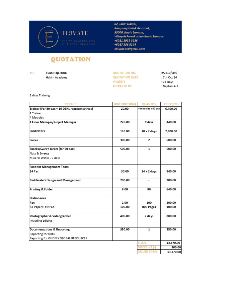 DBKL Training Invoice - El3vate Marketing Agency (1) | PDF