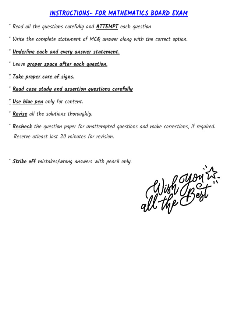 Mathematics Board Exam Instructions | PDF