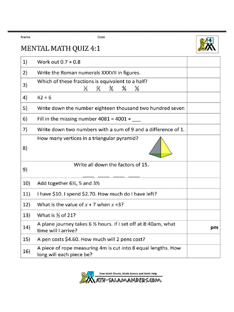 4th Grade Math Worksheets Mental Math 4th Grade 1 | PDF