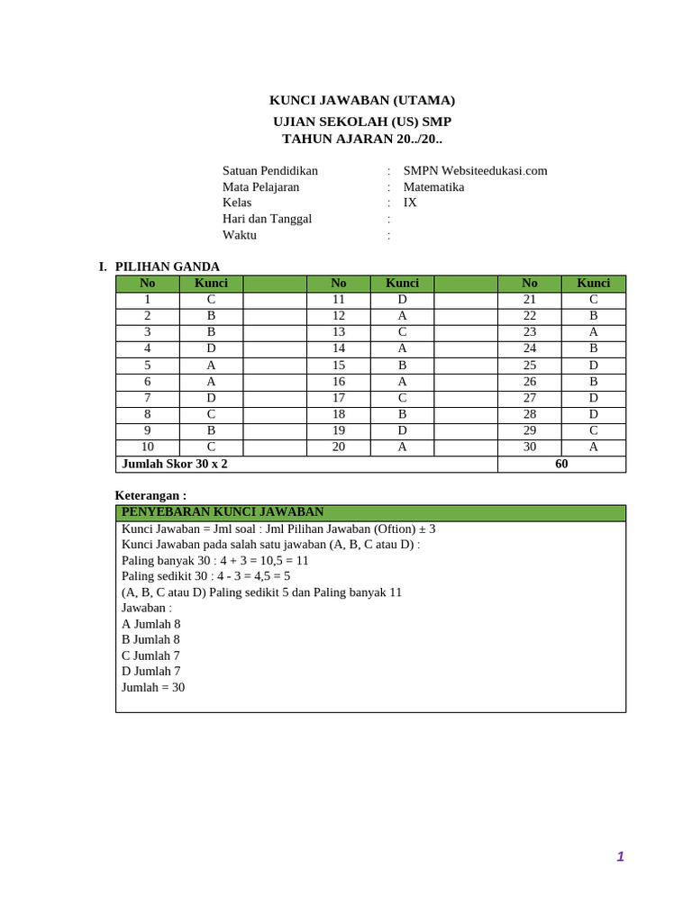Kunci Jawaban US MTK SMP | PDF