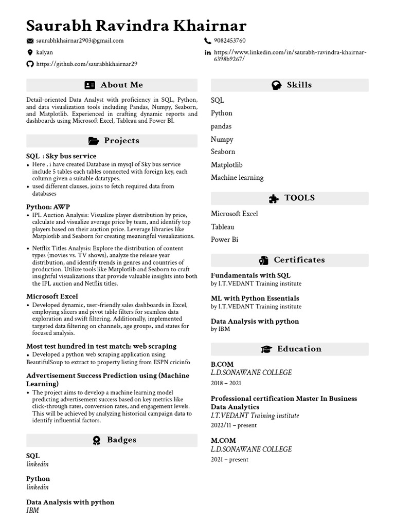 Saurabh Ravindra Khairnar - Resume | PDF | Data Analysis | Sql