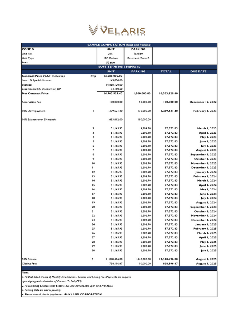 20N 1 Bedroom Deluxe Sample Computation | PDF | Money | Payments