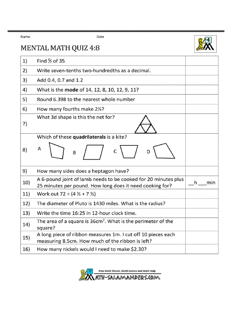 Mental Math Test 4th Grade 8 | PDF