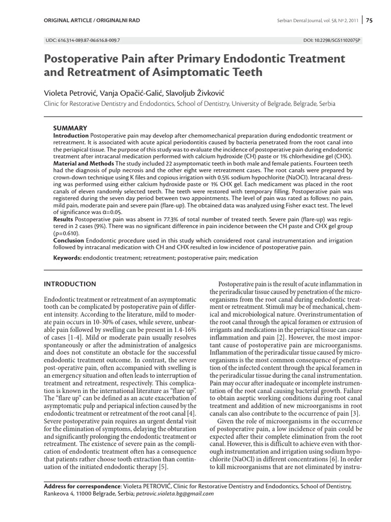 Postoperative Pain in Endodontic Treatment | PDF | Dentistry Branches ...
