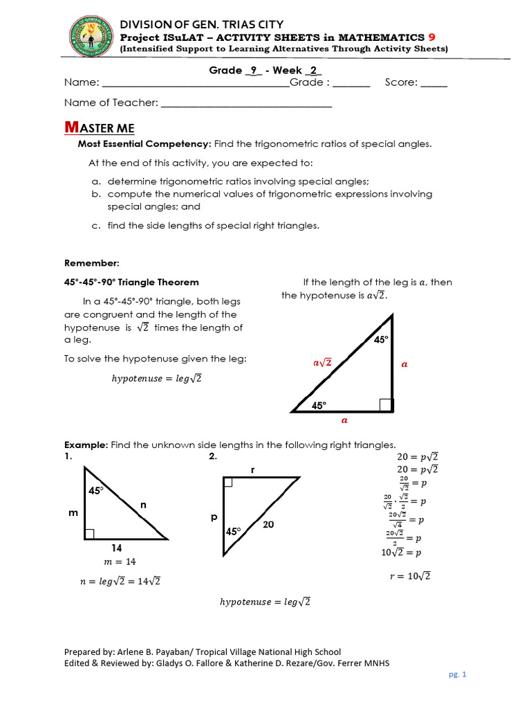 Mathematics grade 9 quarter 4_Week 2 | PDF | Trigonometry | Triangle ...