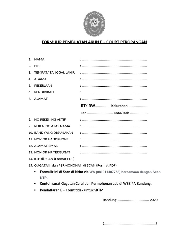 Form Pembuatan Akun Ecourt | PDF