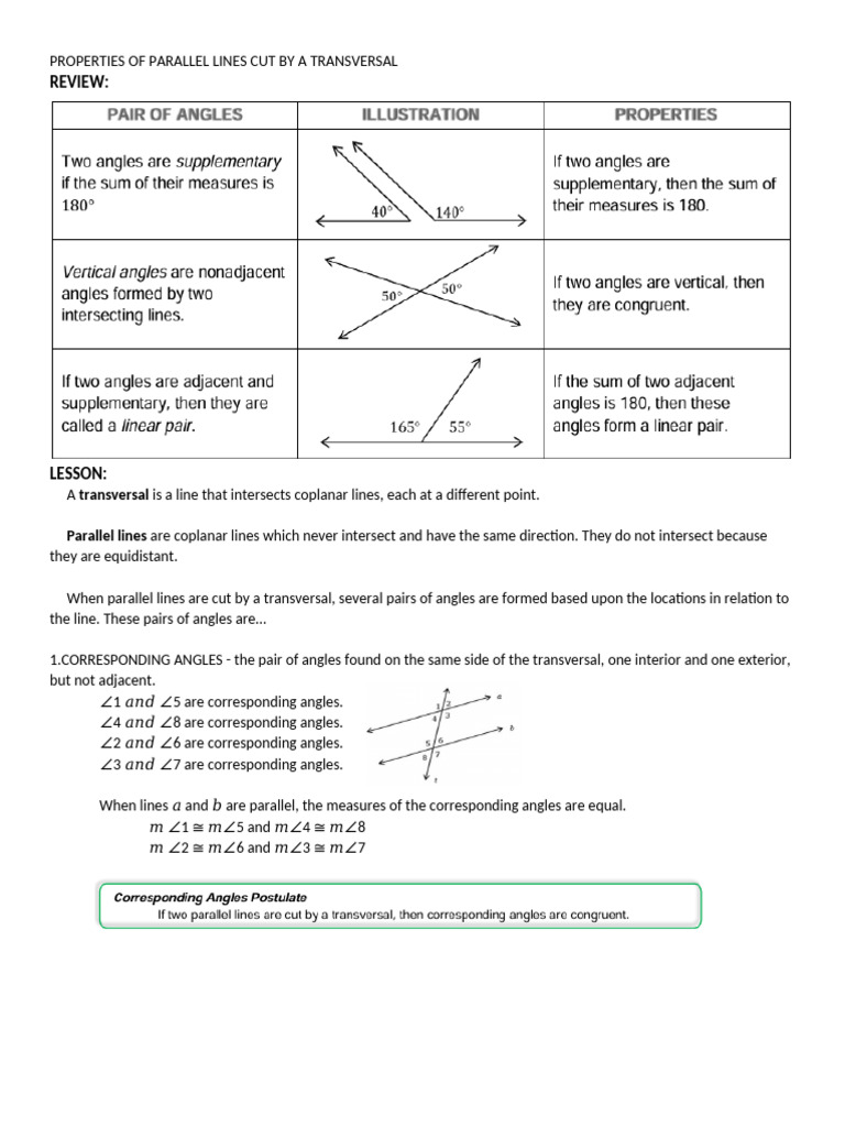 PARALLEL LINES CUT BY A TRANSVERSAL (1) | PDF | Angle | Euclidean Geometry