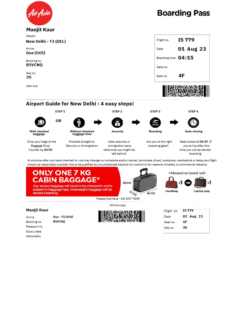 Delhi-GOA BoardingPass-Manjit Kaur.pdf | PDF | Aviation | Aviation Safety