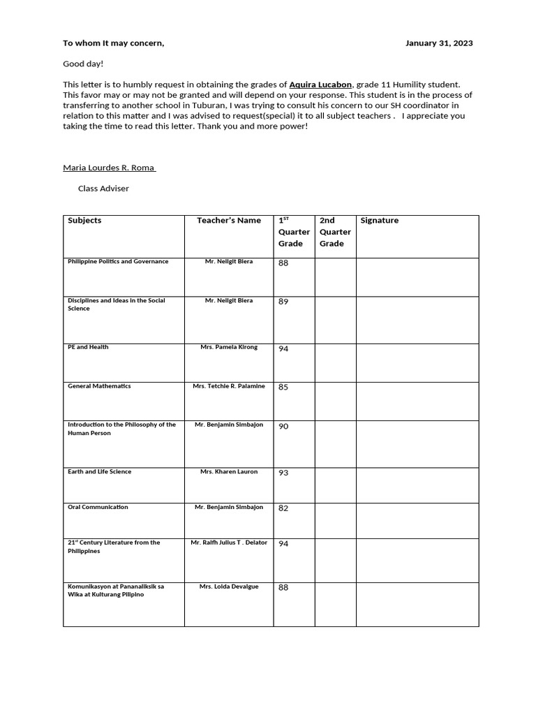 Request Letter Grades | PDF