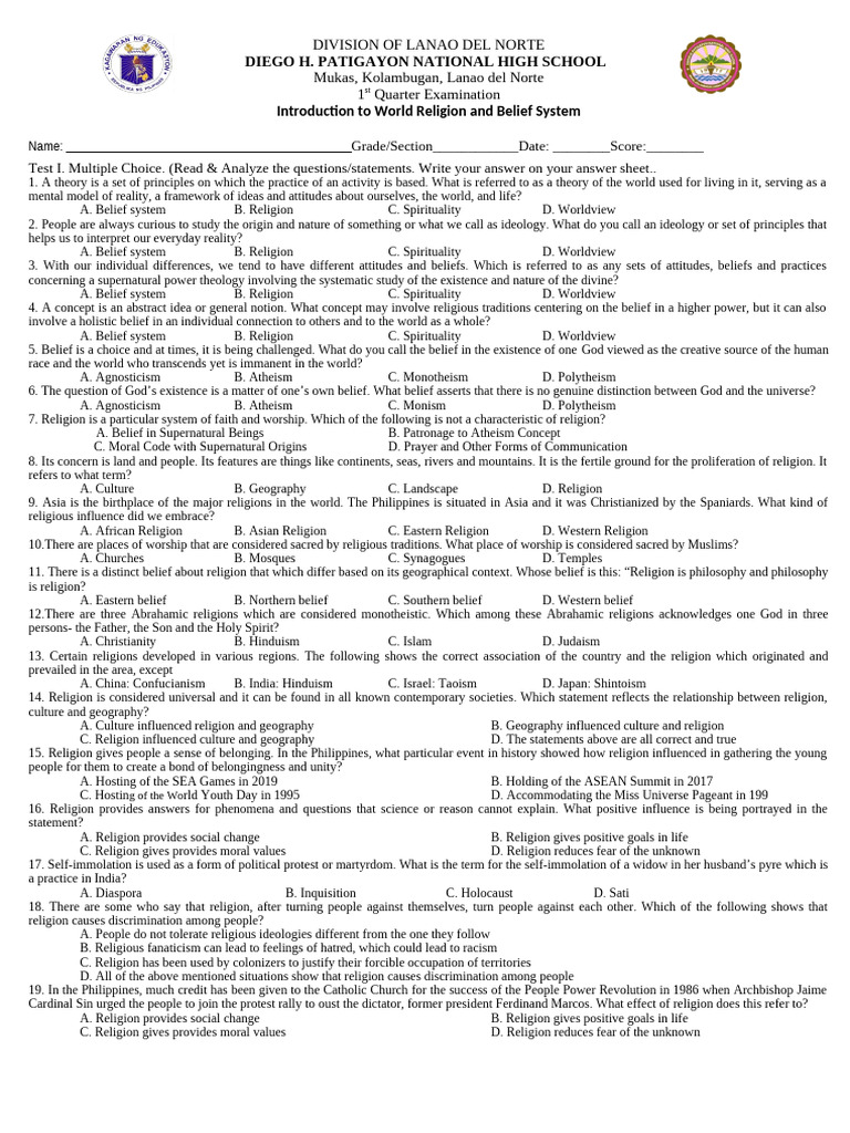 World Religion Exam: Beliefs & Systems | PDF | Social Sciences | Jesus