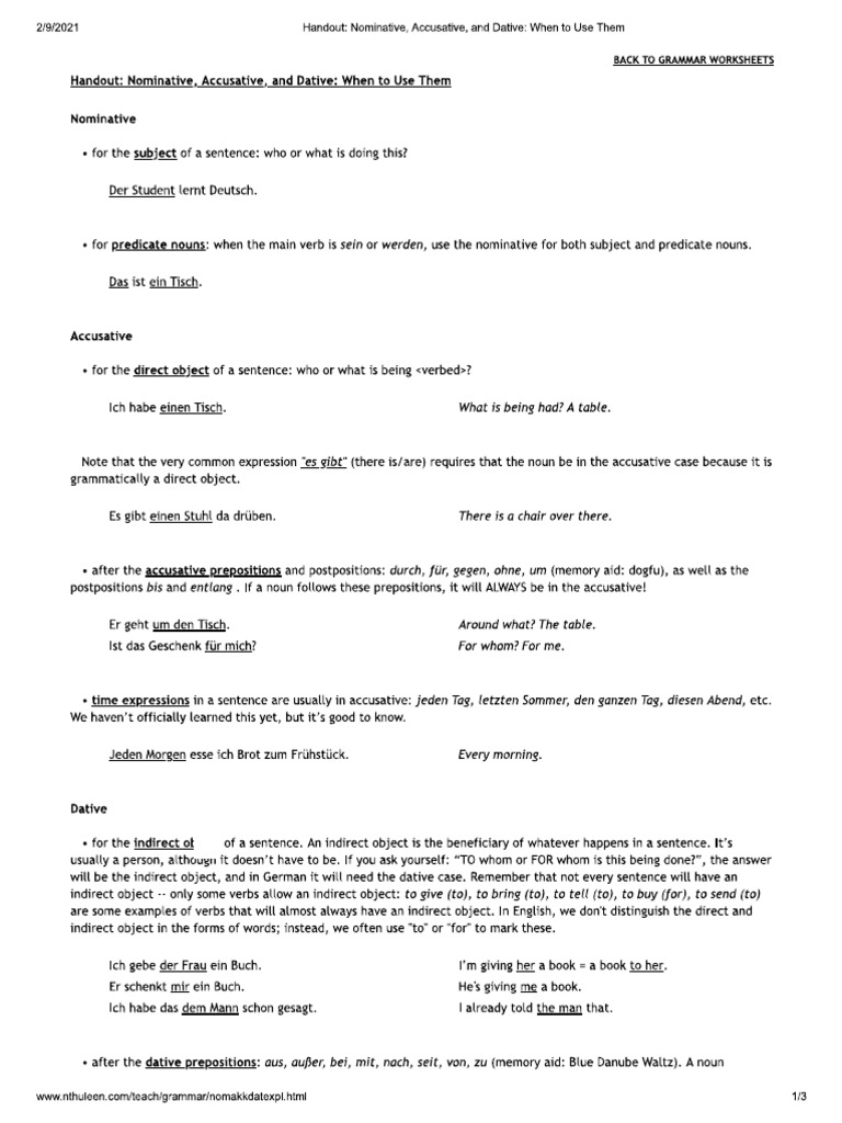 Handout - Nominative, Accusative, and Dative - When To Use Them | PDF