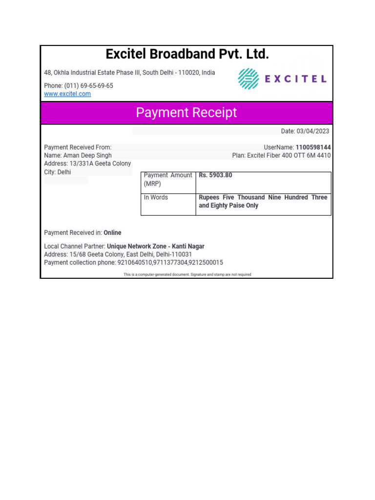 Excitel Broadband Payment Receipt | PDF