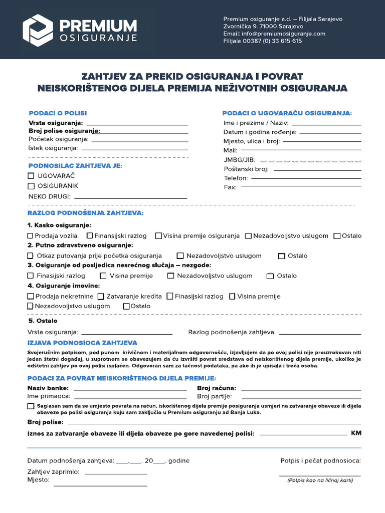 Premium - Prekid Osiguranja I Povrat - Nezivot - Filijala - Sarajevo 2023 2 | PDF