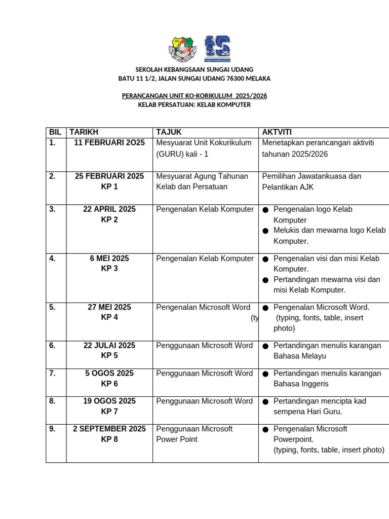 Perancangan Aktiviti Tahunan Kelab Komputer 2025 2026 | PDF