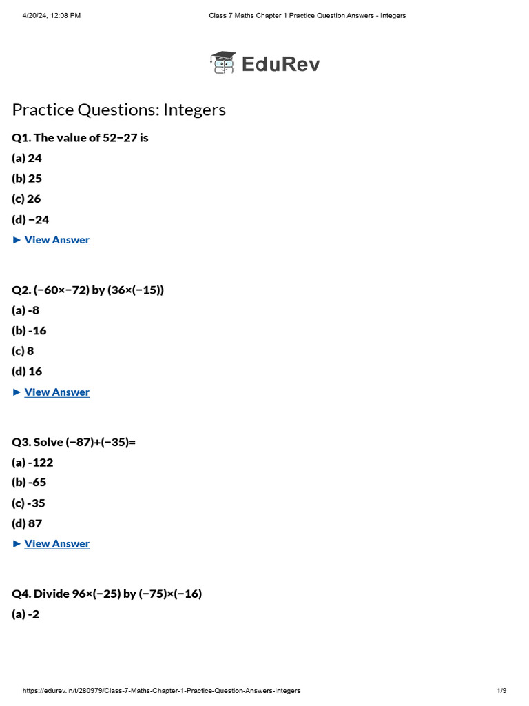 Class 7 Maths: Integers Worksheet Answers | PDF | Abstract Algebra ...