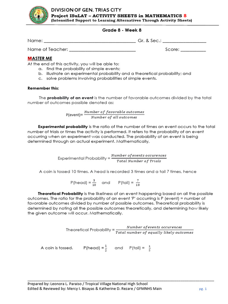 Mathematics Grade 8 - Quarter 4 - Week 8 | PDF | Probability | Mathematics