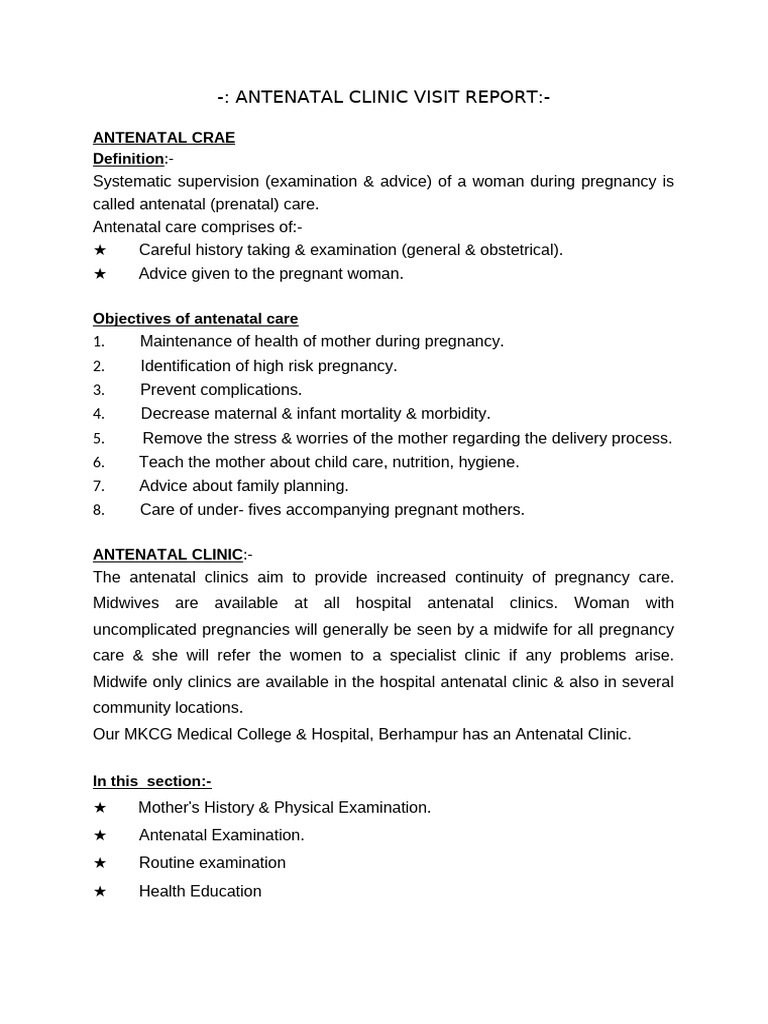 ANTENATAL CLINIC VISIT REPORT Final | PDF | Pregnancy | Prenatal ...